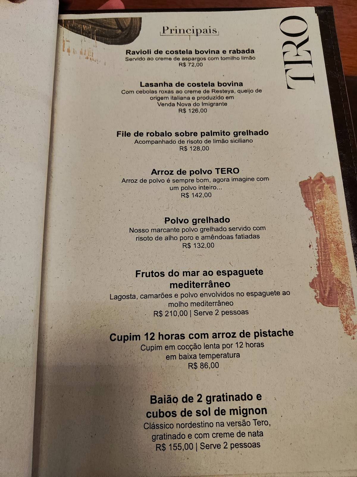 Menu em Tero Brasa e Vinho restaurante, Vitoria