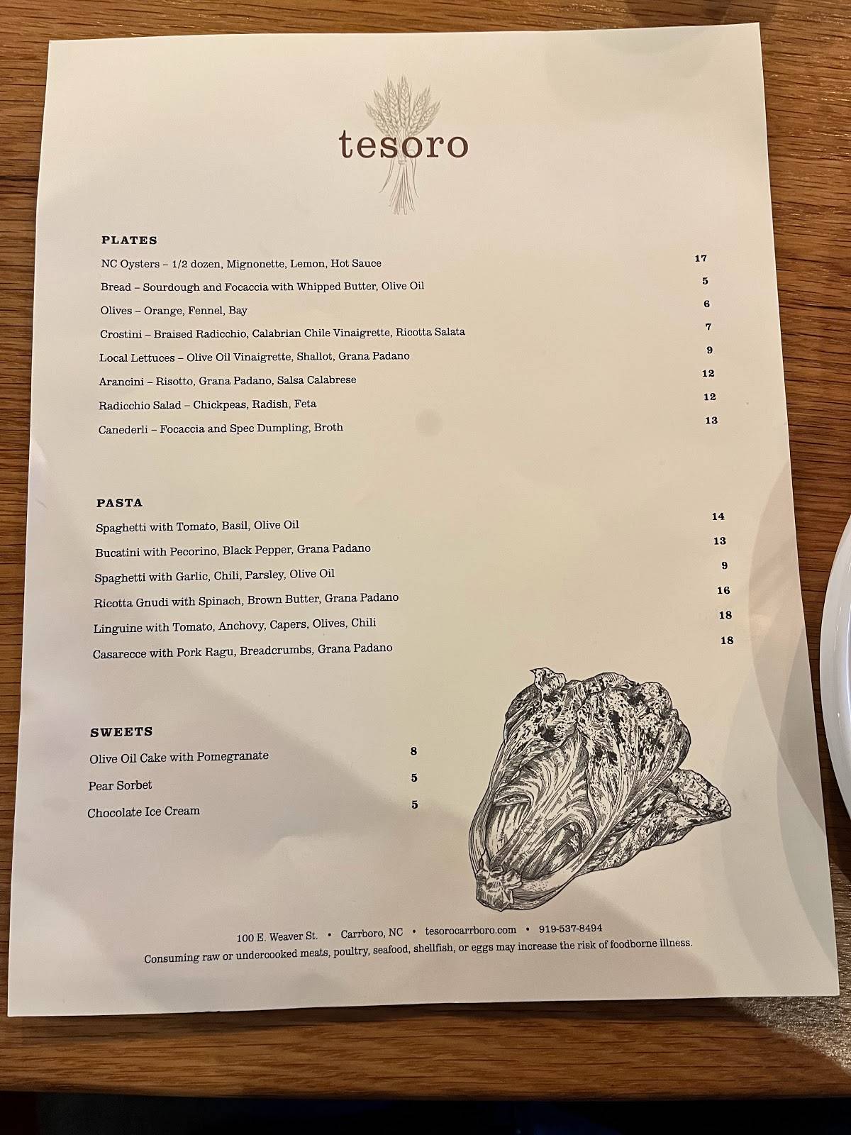 Menu at Tesoro restaurant, Carrboro