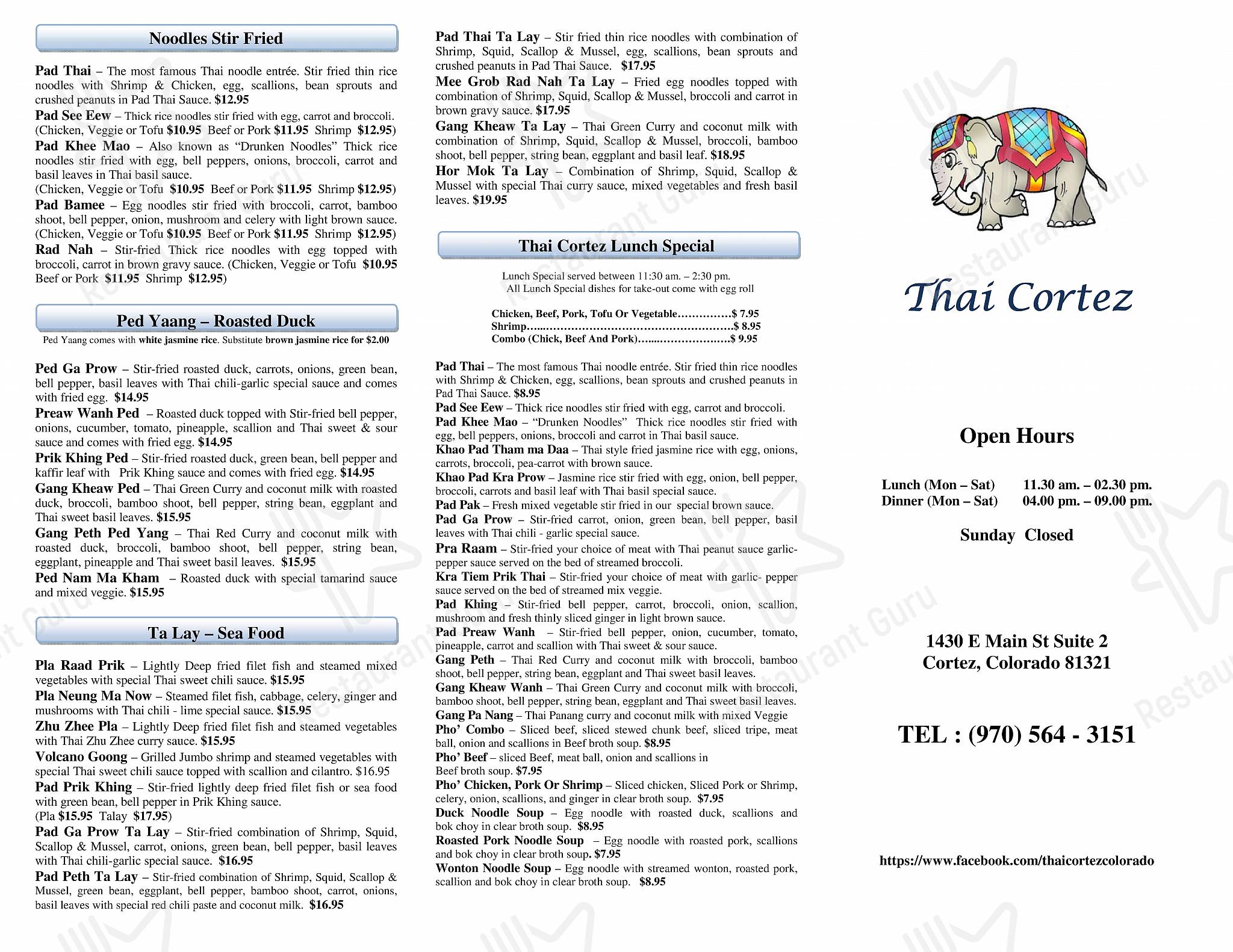 Menu at Thai Cortez restaurant, Cortez
