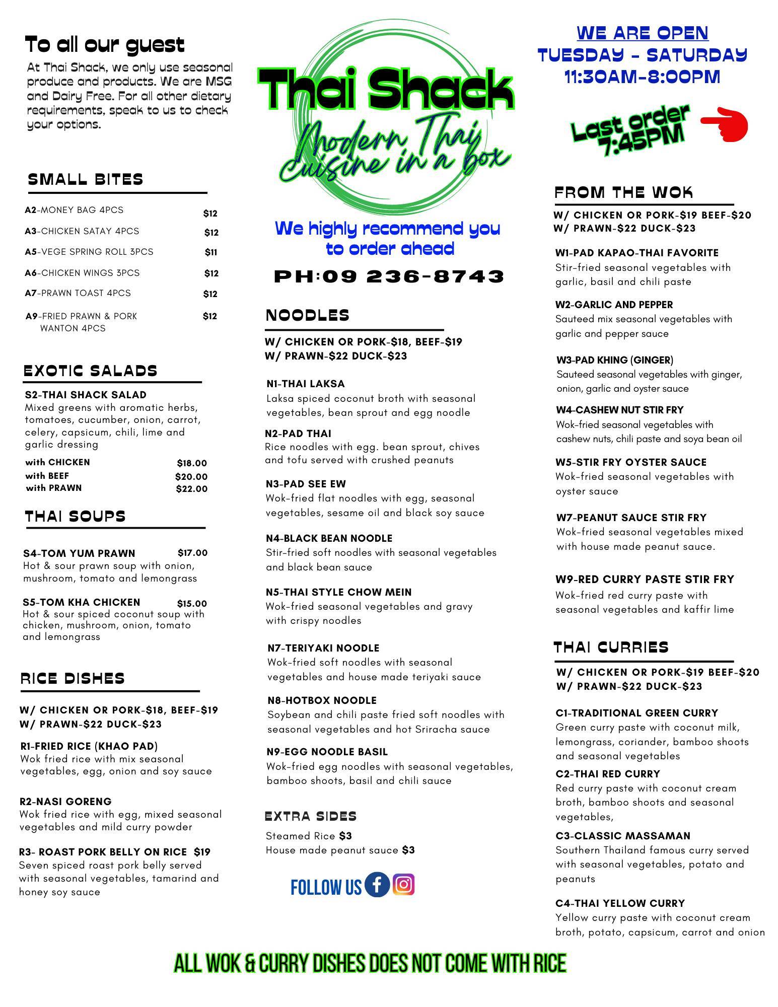 Menu at Thai Shack restaurant, Tuakau