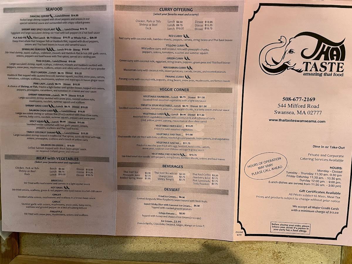 Menu at Thai Taste Swansea MA restaurant, Swansea