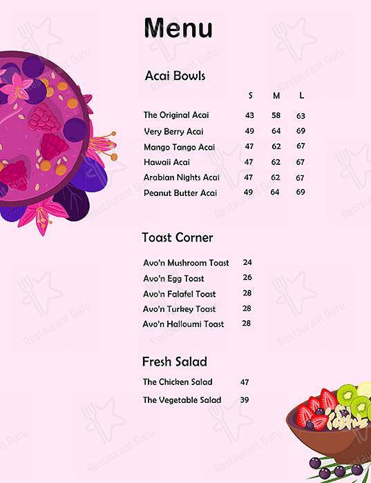 Menu at The Açai Concept, Dubai