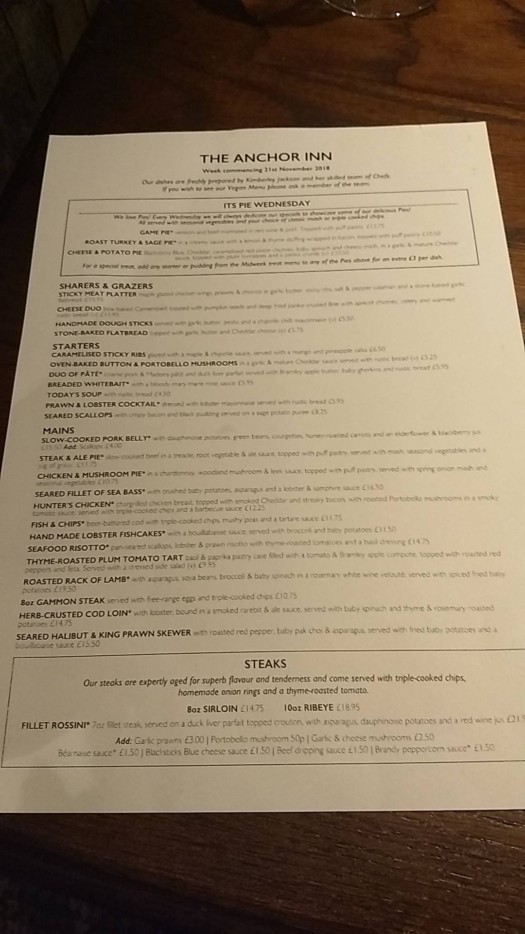 Menu at The Anchor Inn pub & bar, Wolverhampton