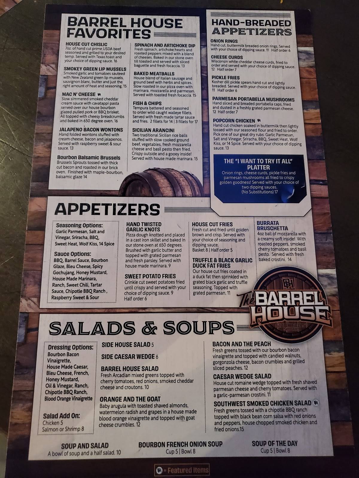 Menu at The Barrel House, Sioux Falls