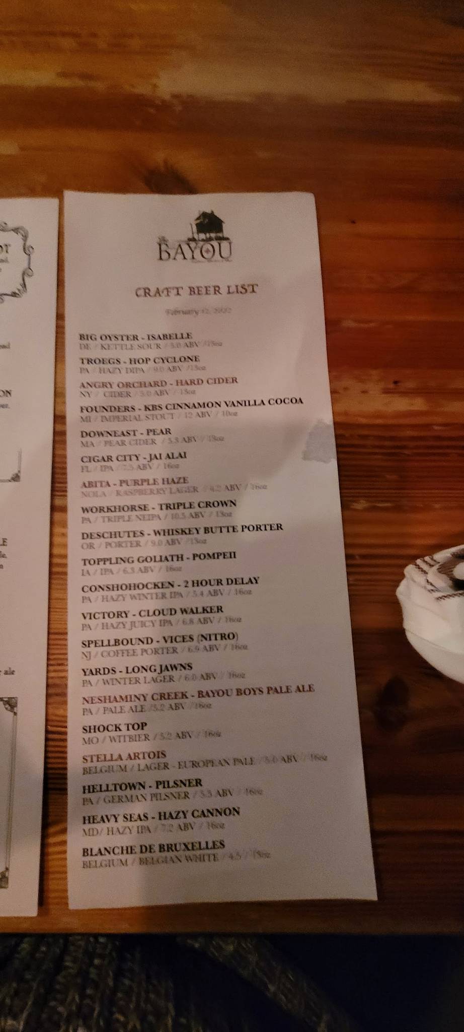 Menu at The Bayou restaurant, Bethlehem