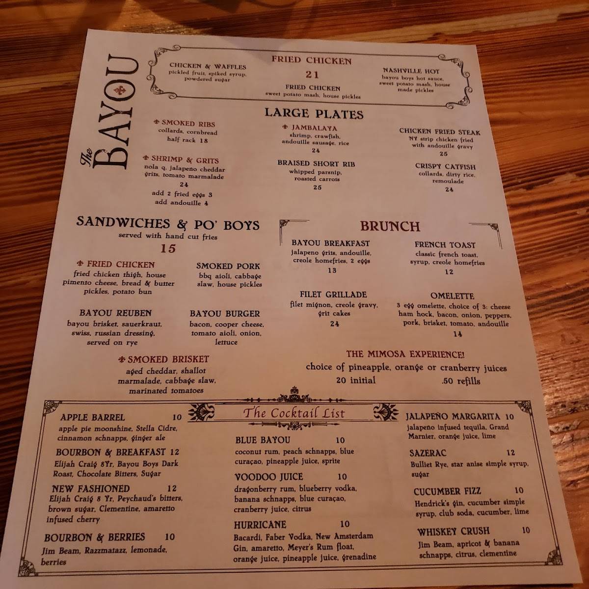 Menu at The Bayou restaurant, Bethlehem