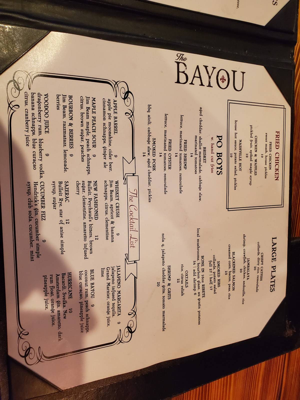 Menu at The Bayou restaurant, Bethlehem