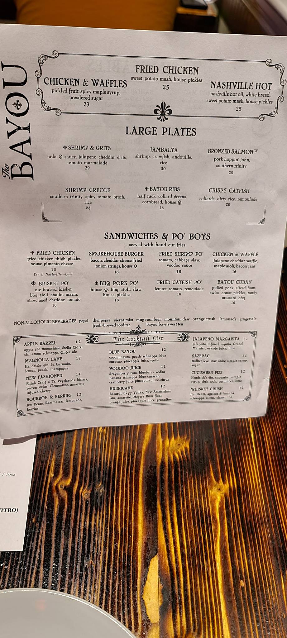 Menu at The Bayou restaurant, Bethlehem