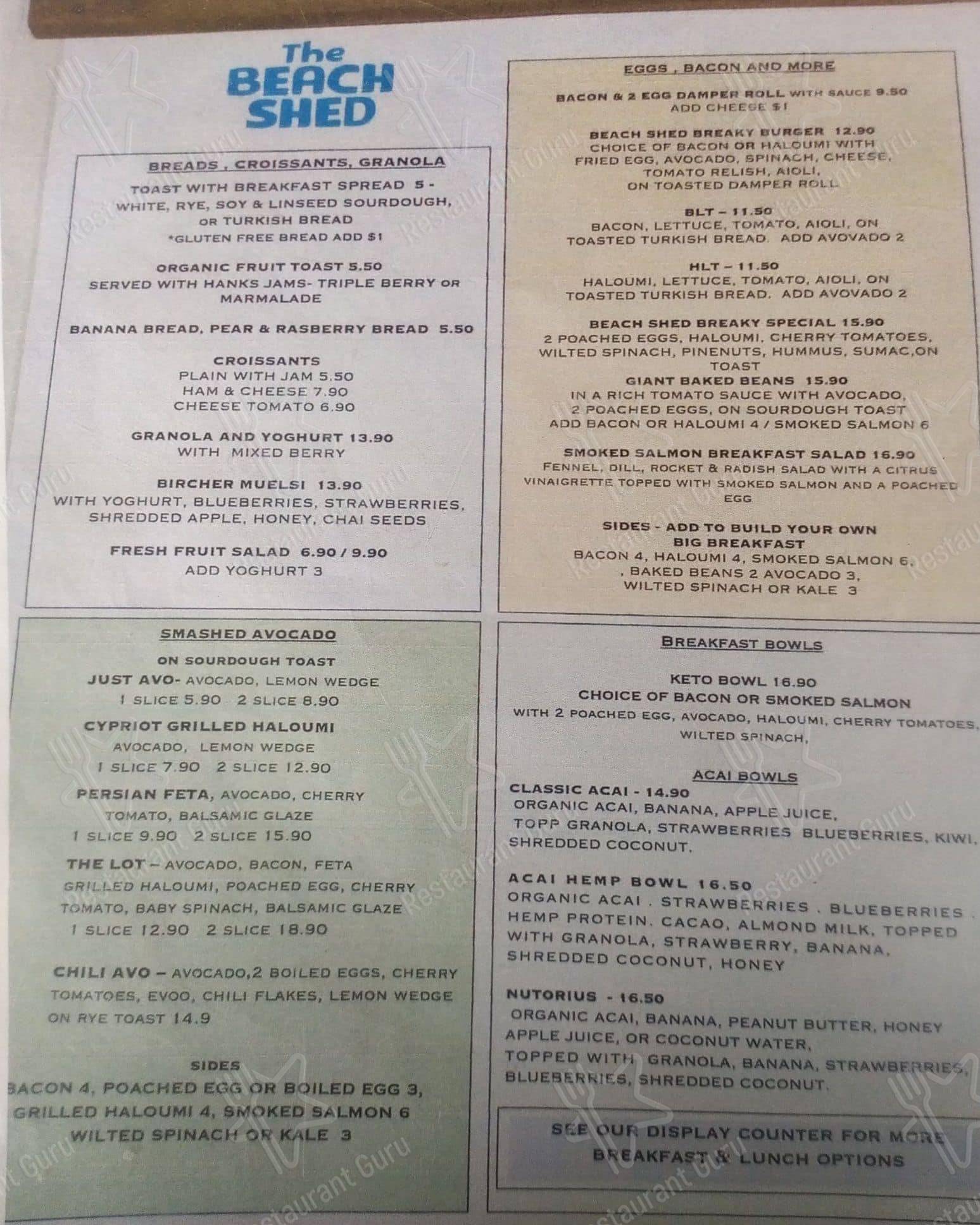 Menu at The Beach Shed cafe, Dee Why