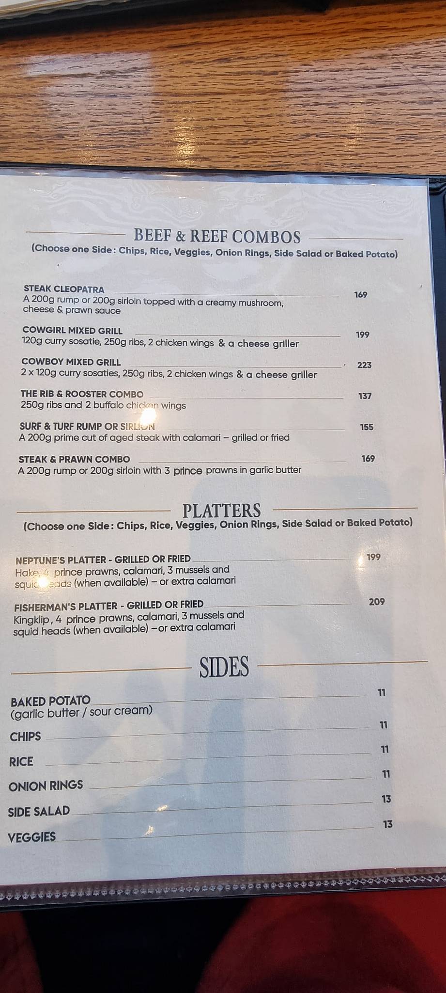 Menu at The Beef 'n Reef restaurant, Bloemfontein, Kenneth Kaunda Rd