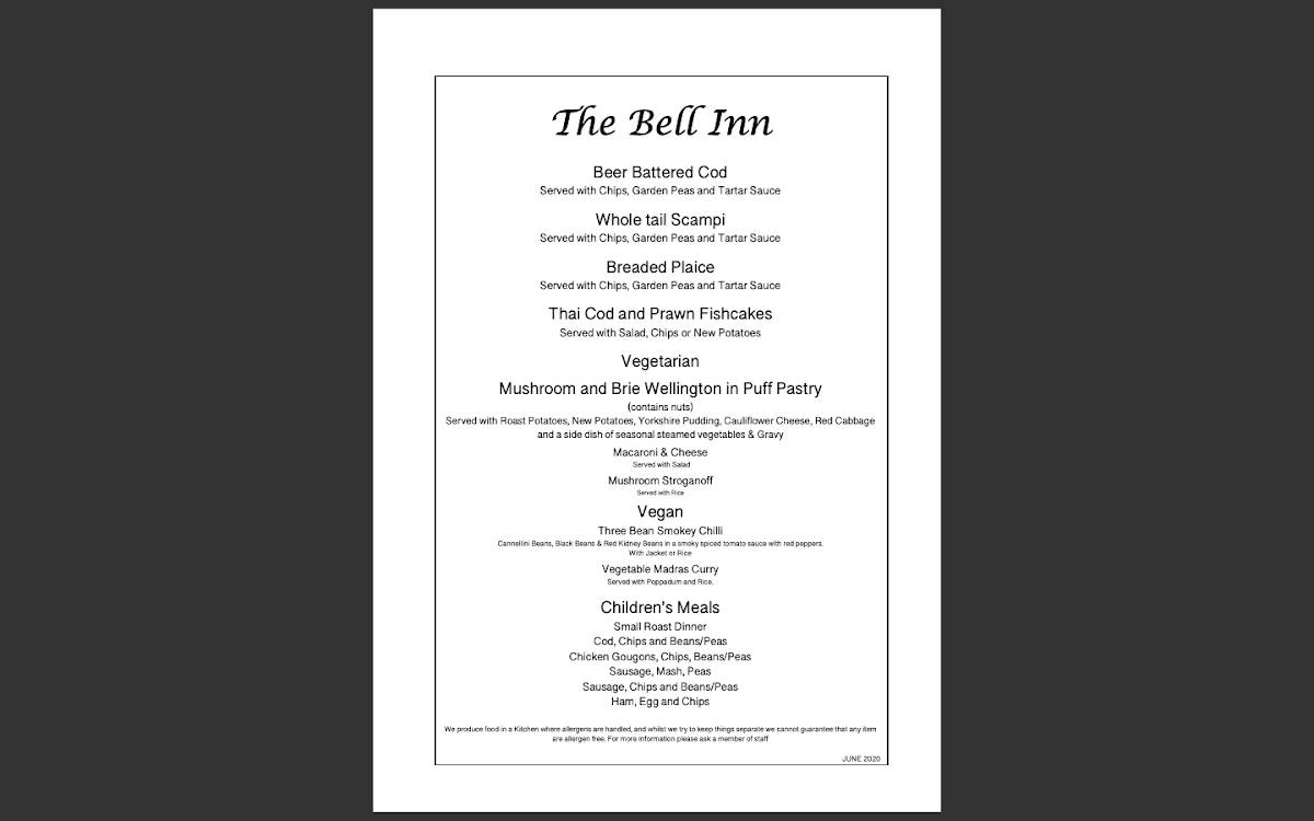 Menu at The Bell Inn pub & bar, Yatton Keynell, High Street