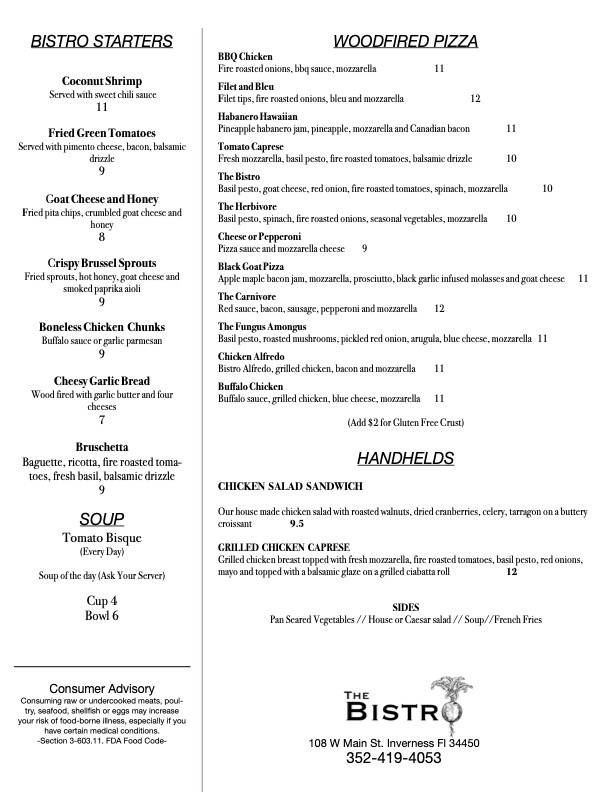 Menu at The Bistro Too Pizza Kitchen restaurant, Inverness