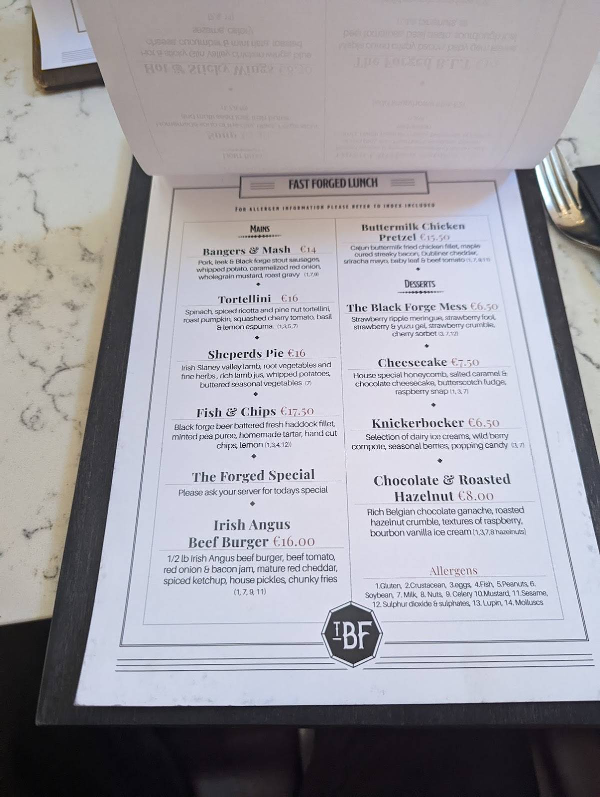 Menu at The Black Forge Inn pub & bar, Dublin