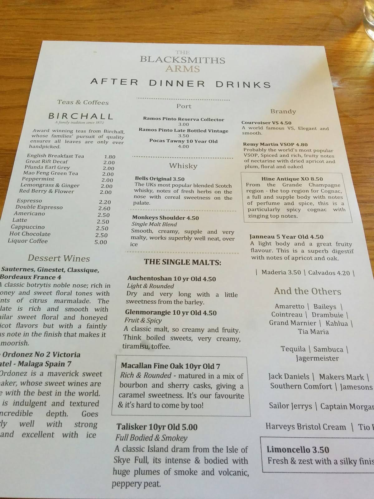Menu at The Blacksmiths Arms restaurant, Barrow upon Soar, 2-4 Church Lane
