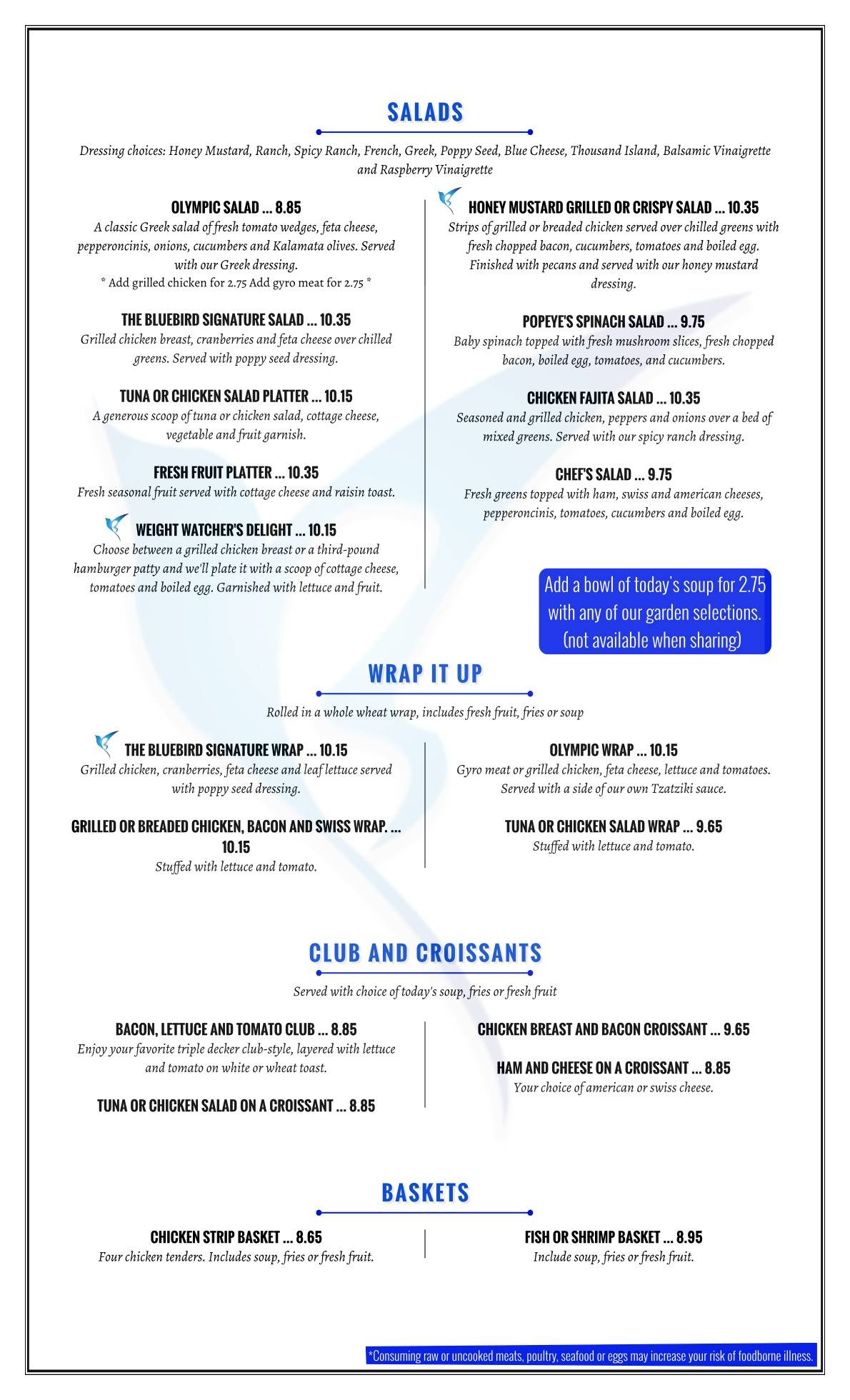 Menu at The Bluebird Restaurant, Fort Wayne