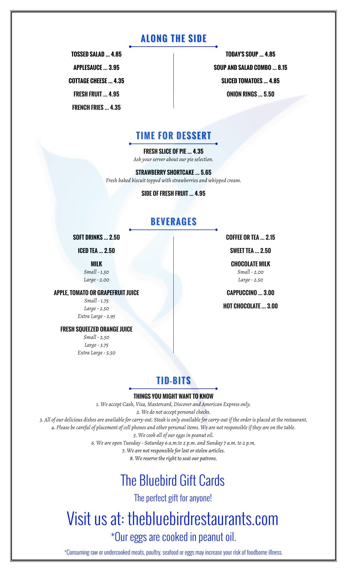 Menu at The Bluebird Restaurant, Fort Wayne