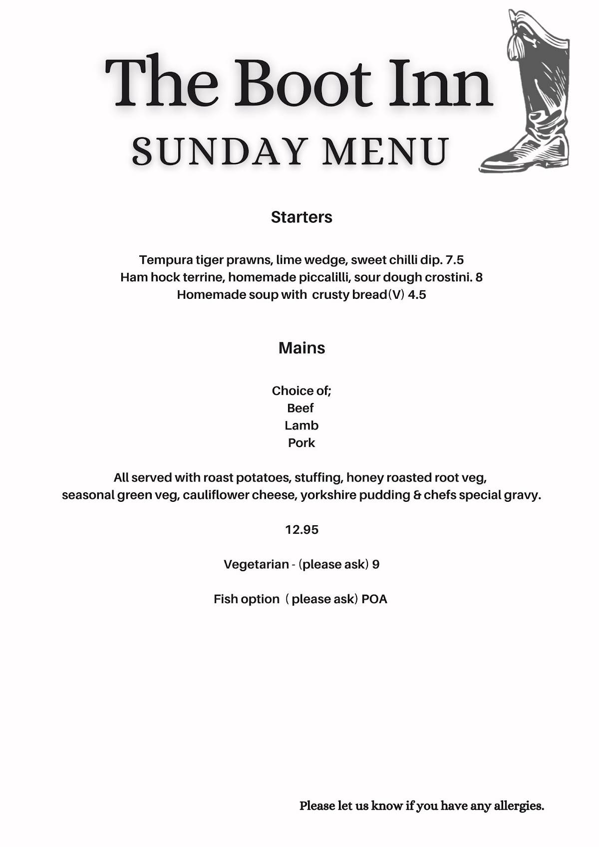 Menu at The Boot Inn pub & bar, North Luffenham, 10 The St