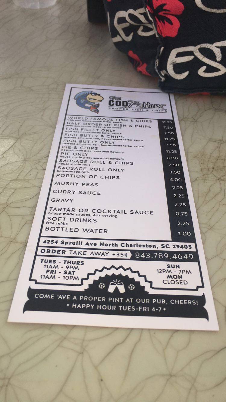 Menu at The CODfather, Proper Fish & Chips restaurant, North Charleston ...