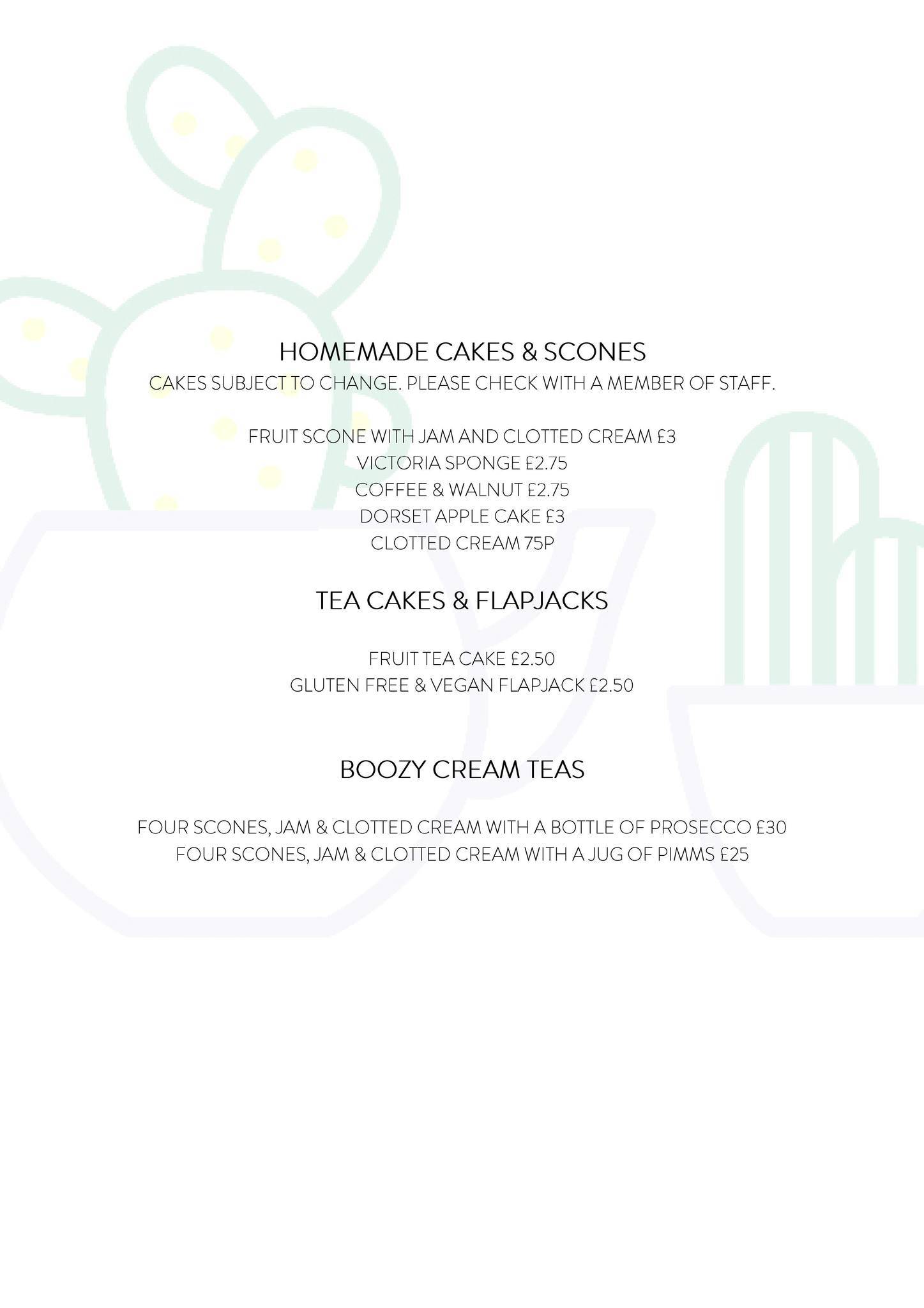 Menu at The Cactus Tea Rooms cafe, Weymouth