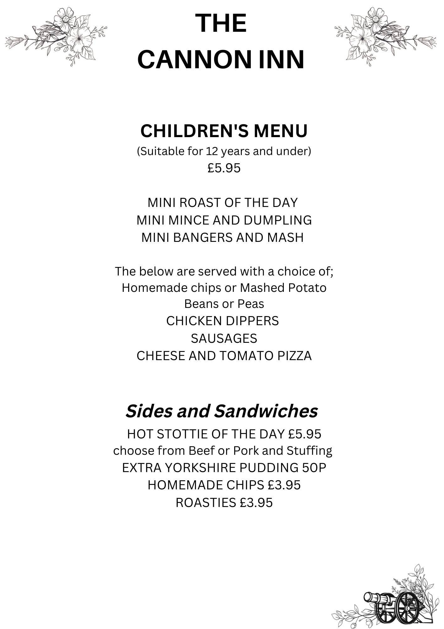 Menu at The Cannon Inn restaurant, Earsdon