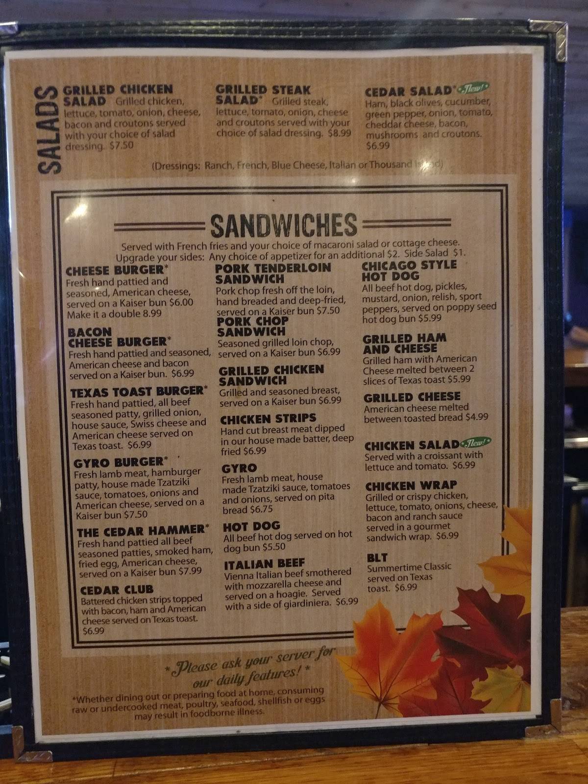 Menu at The Cedar Inn pub & bar, Cedarville