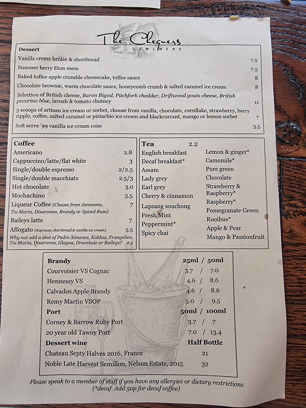 Menu at The Chequers Fowlmere pub & bar, Fowlmere, High St