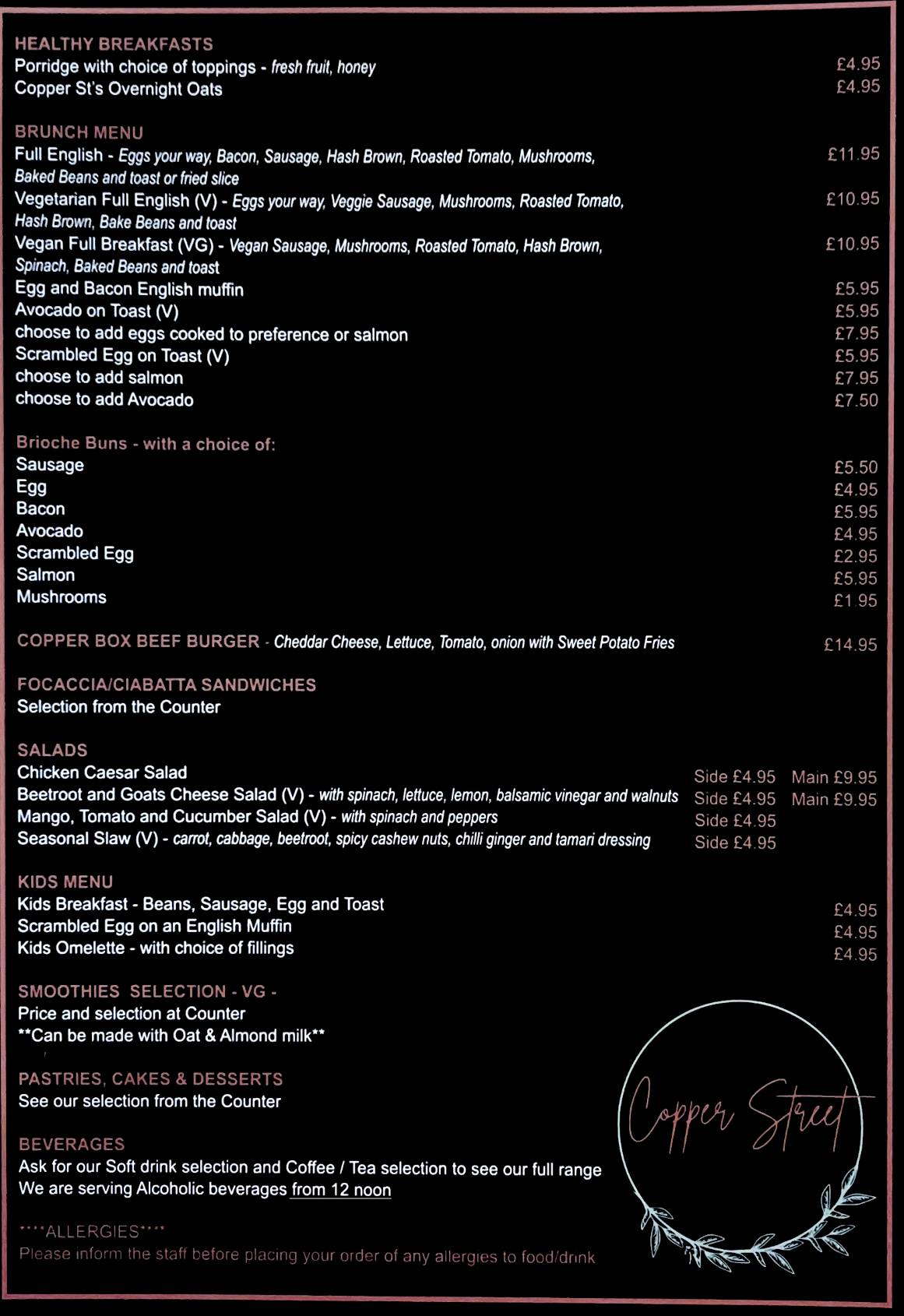 Menu at The Copper Street - Café and Bar, London