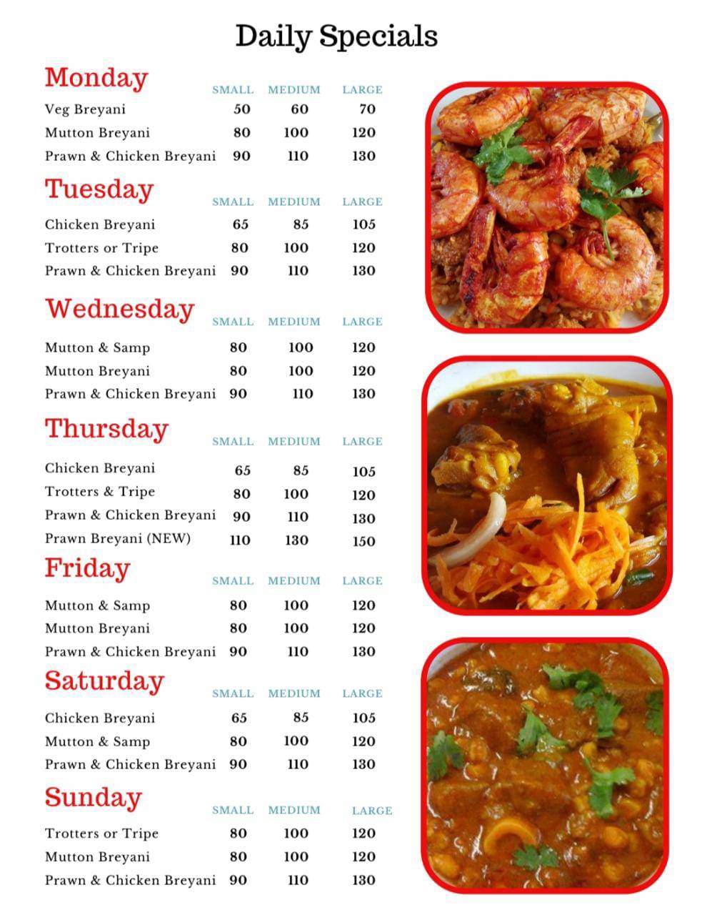 Menu at The Curry O's restaurant, Pinetown