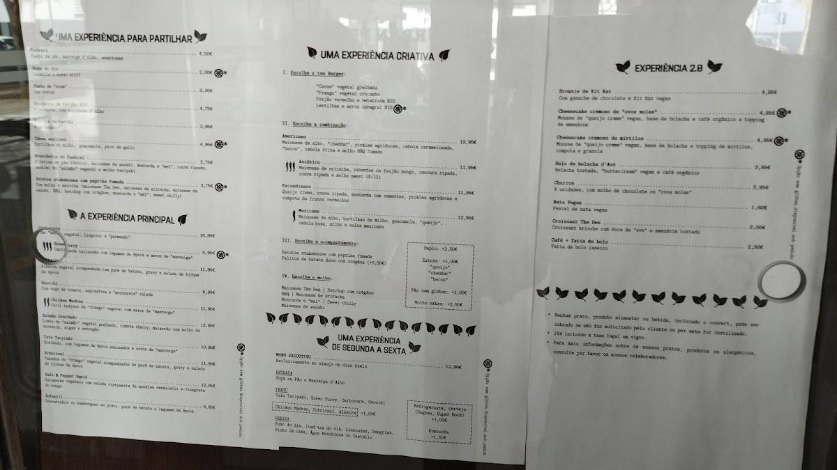 Menu at The Den - Uma experiência à base de plantas restaurant, Oeiras