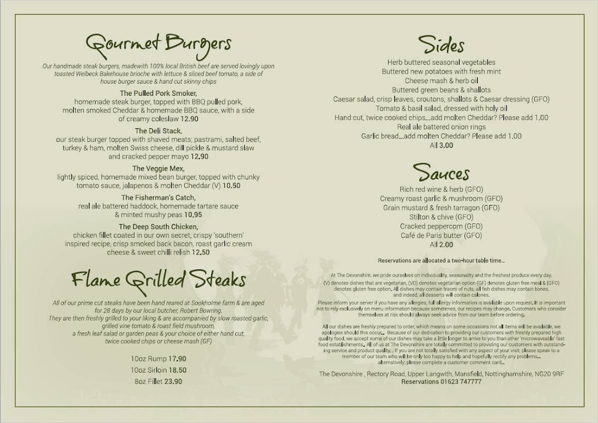 Menu at The Devonshire pub & bar, Nether Langwith, Rectory Rd
