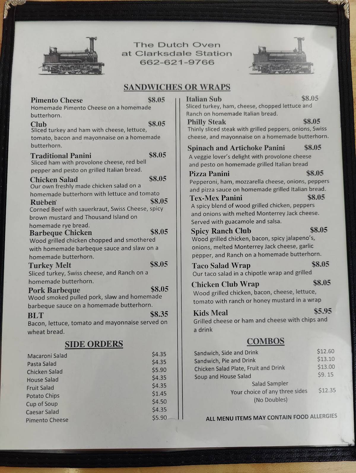 Menu at The Dutch Oven cafe, Clarksdale