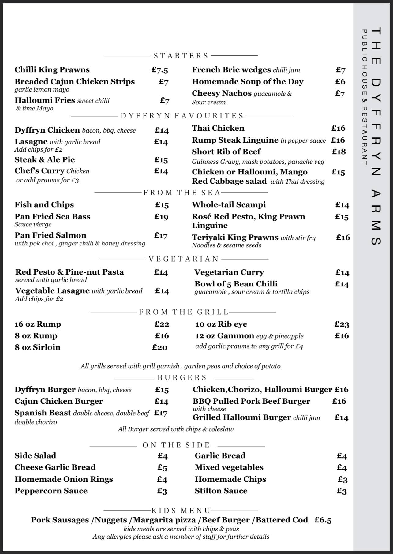 Menu at The Dyffryn Arms pub & bar, Neath, Neath Rd