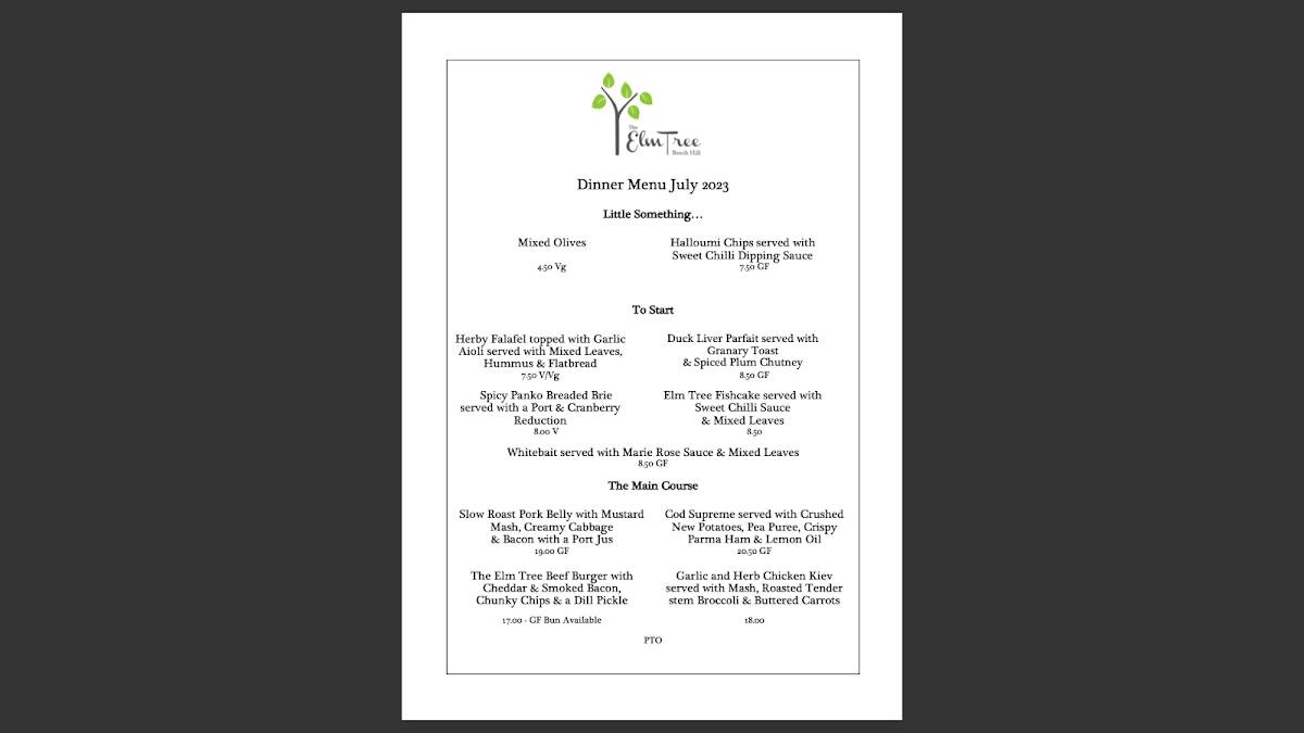 Menu at The Elm Tree pub & bar, Reading
