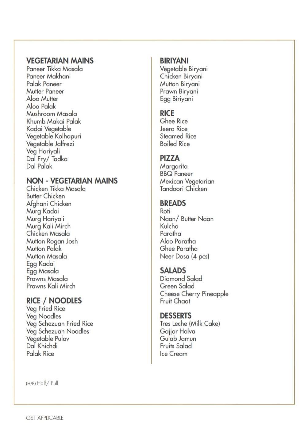 Menu at The Estate Resort, Moodbidri