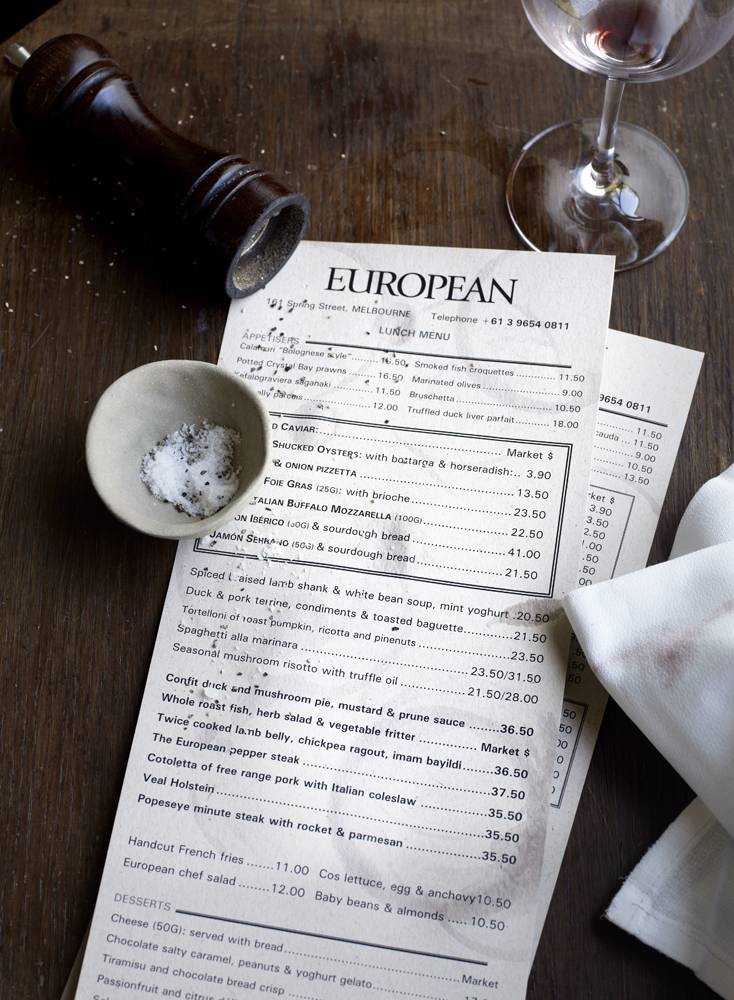 Menu at The European restaurant, Melbourne