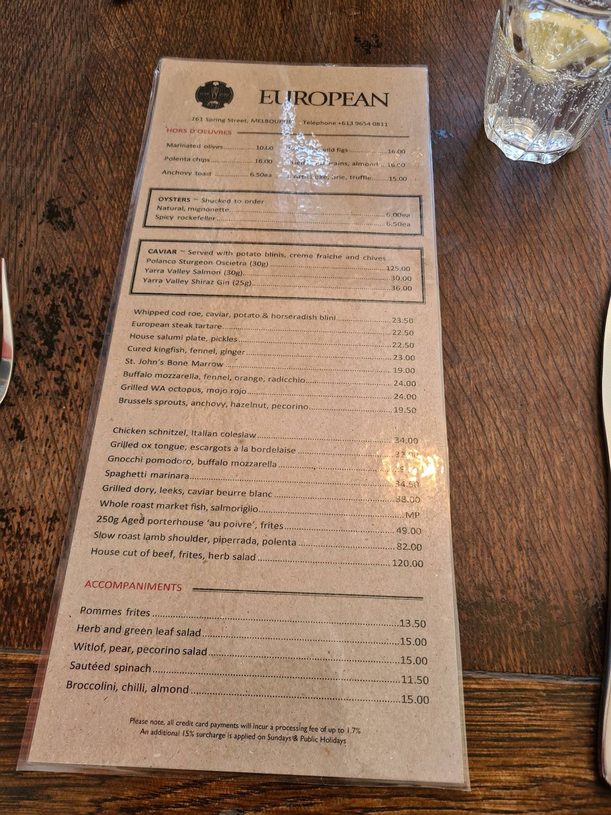 Menu at The European restaurant, Melbourne