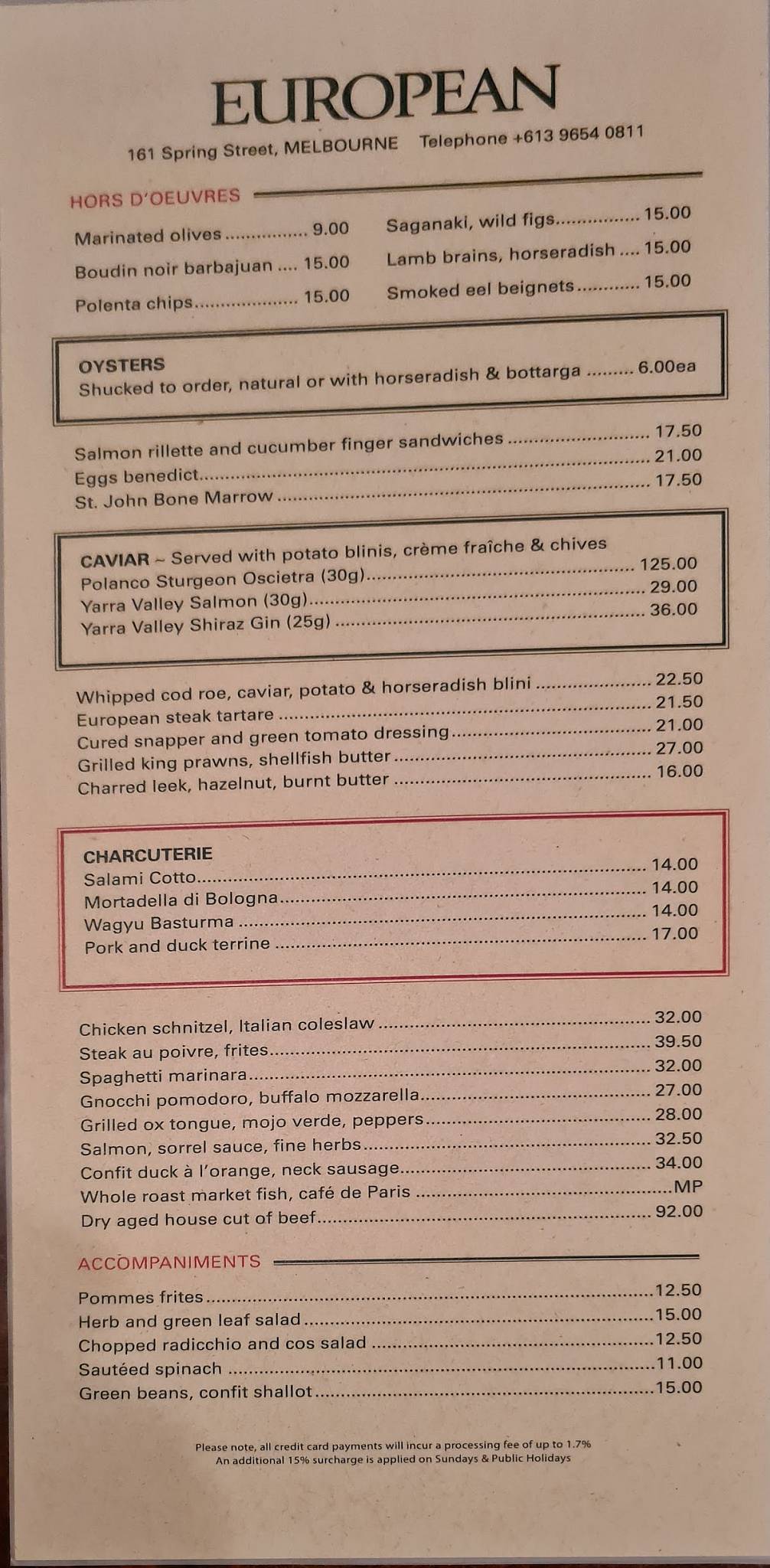 Menu at The European restaurant, Melbourne