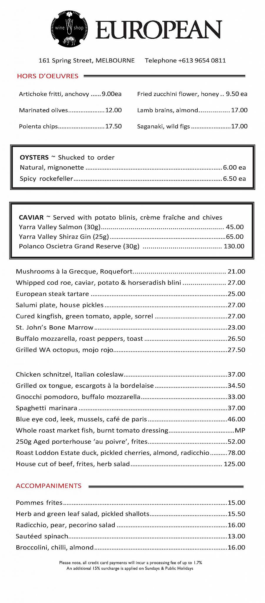 Menu at The European restaurant, Melbourne