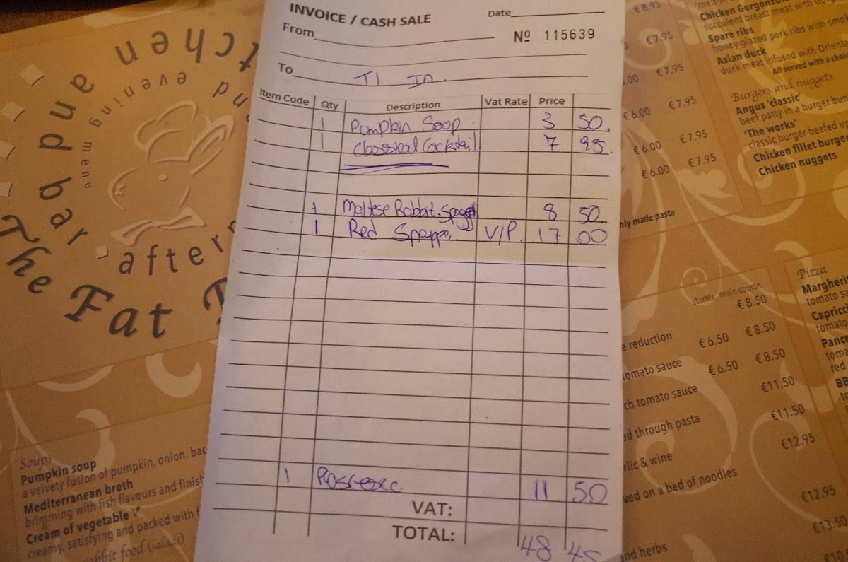 Menu at The Fat Rabbit restaurant, Nadur