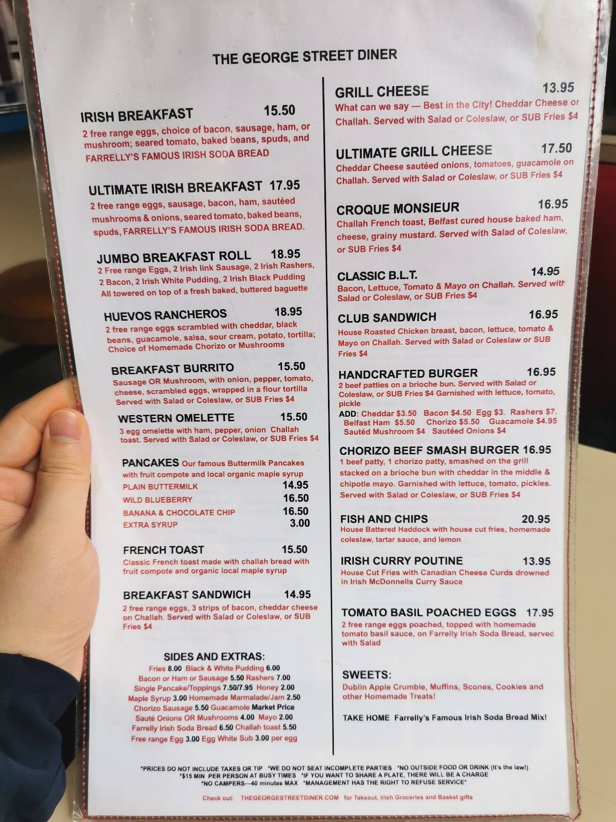 Menu at The George Street Diner restaurant, Toronto