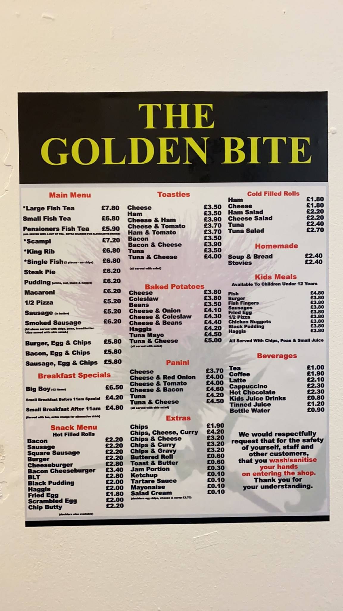 Menu at The Golden Bite cafe, Kirkcaldy