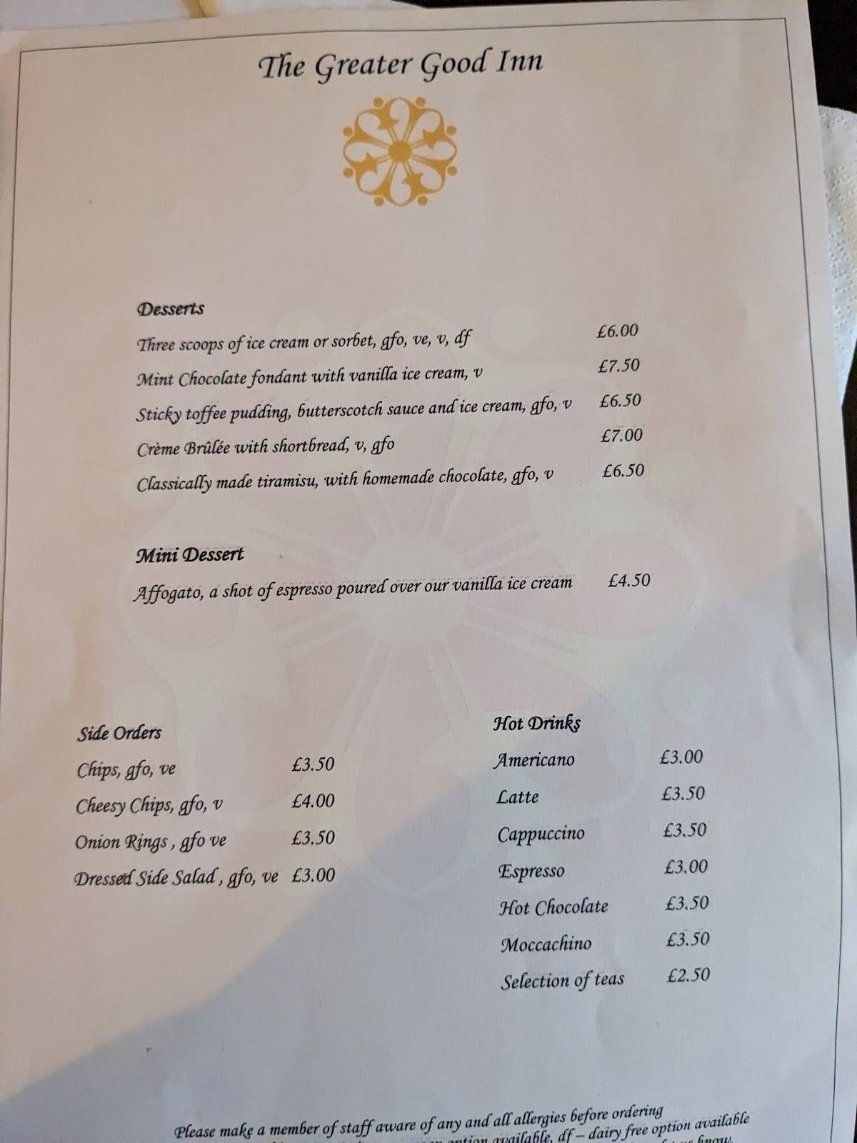 Menu at The Greater Good Inn pub & bar, Fovant