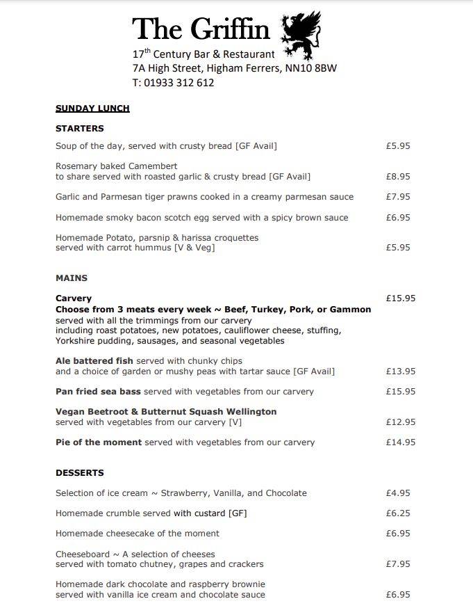 Menu at The Griffin Inn pub & bar, Rushden