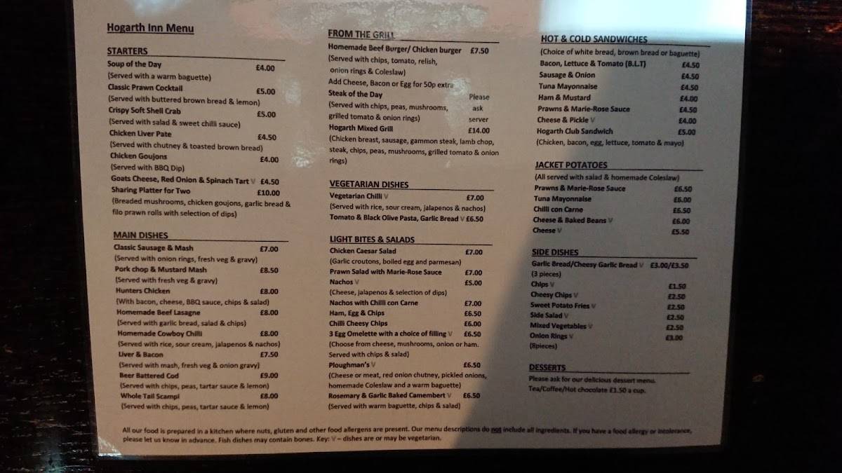 Menu at The Hogarth Inn pub & bar, Isle Of Grain