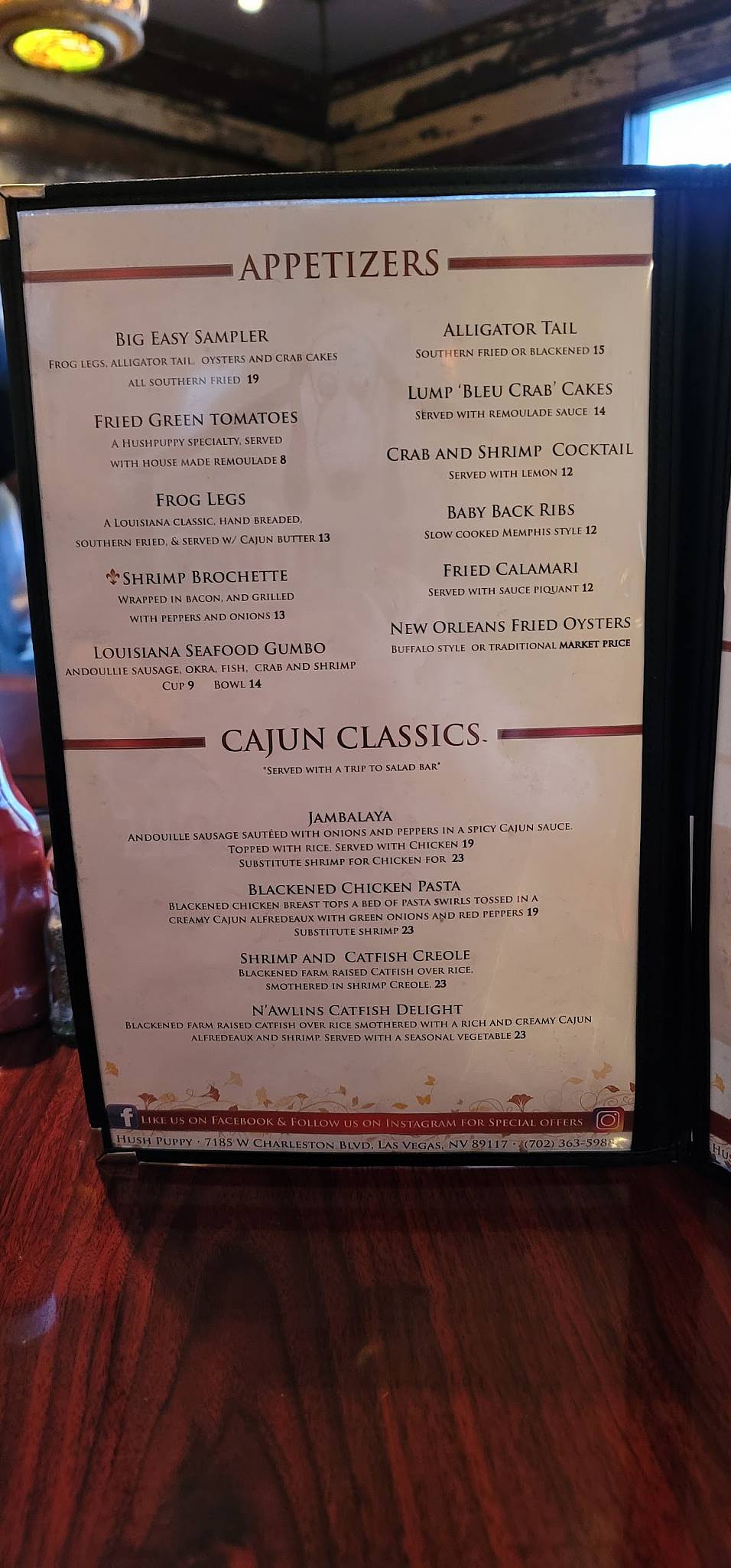 Menu at The Hush Puppy LV restaurant, Las Vegas, W Charleston Blvd