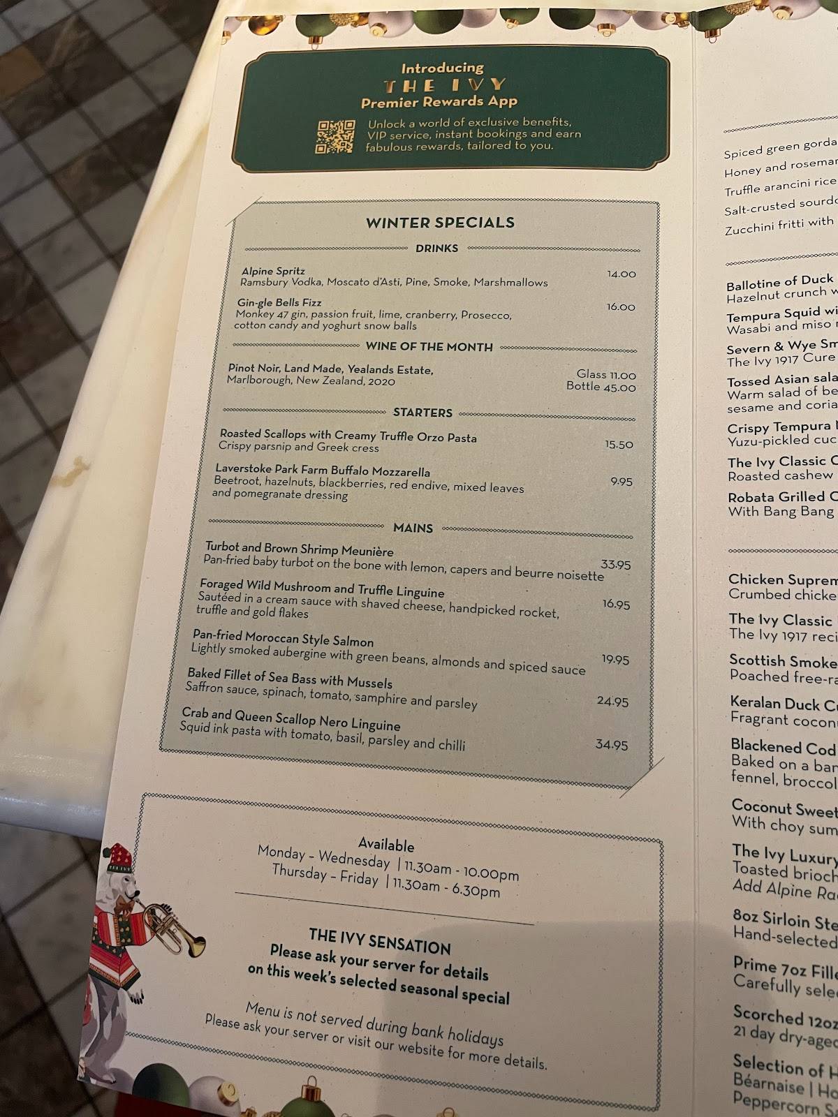 Menu at The Ivy Cafe Wimbledon Village, London