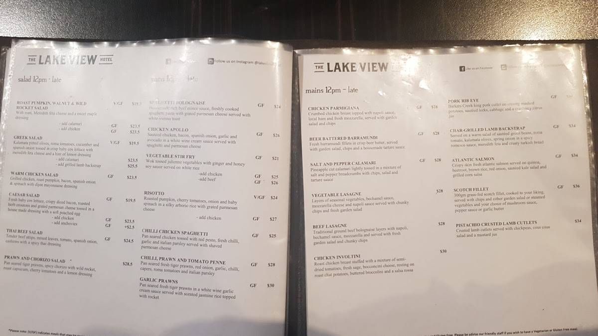 Menu at The Lake View Hotel pub & bar, Lake Wendouree