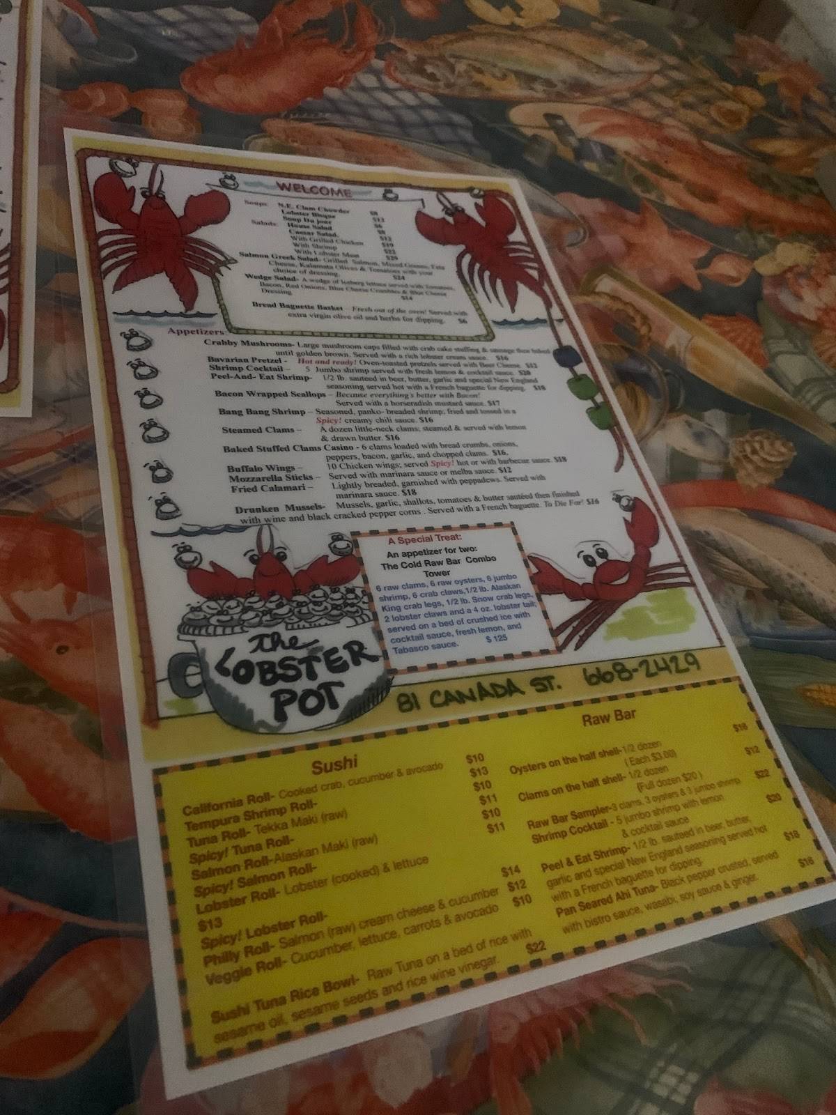 Menu at The Lobster Pot restaurant, Lake George