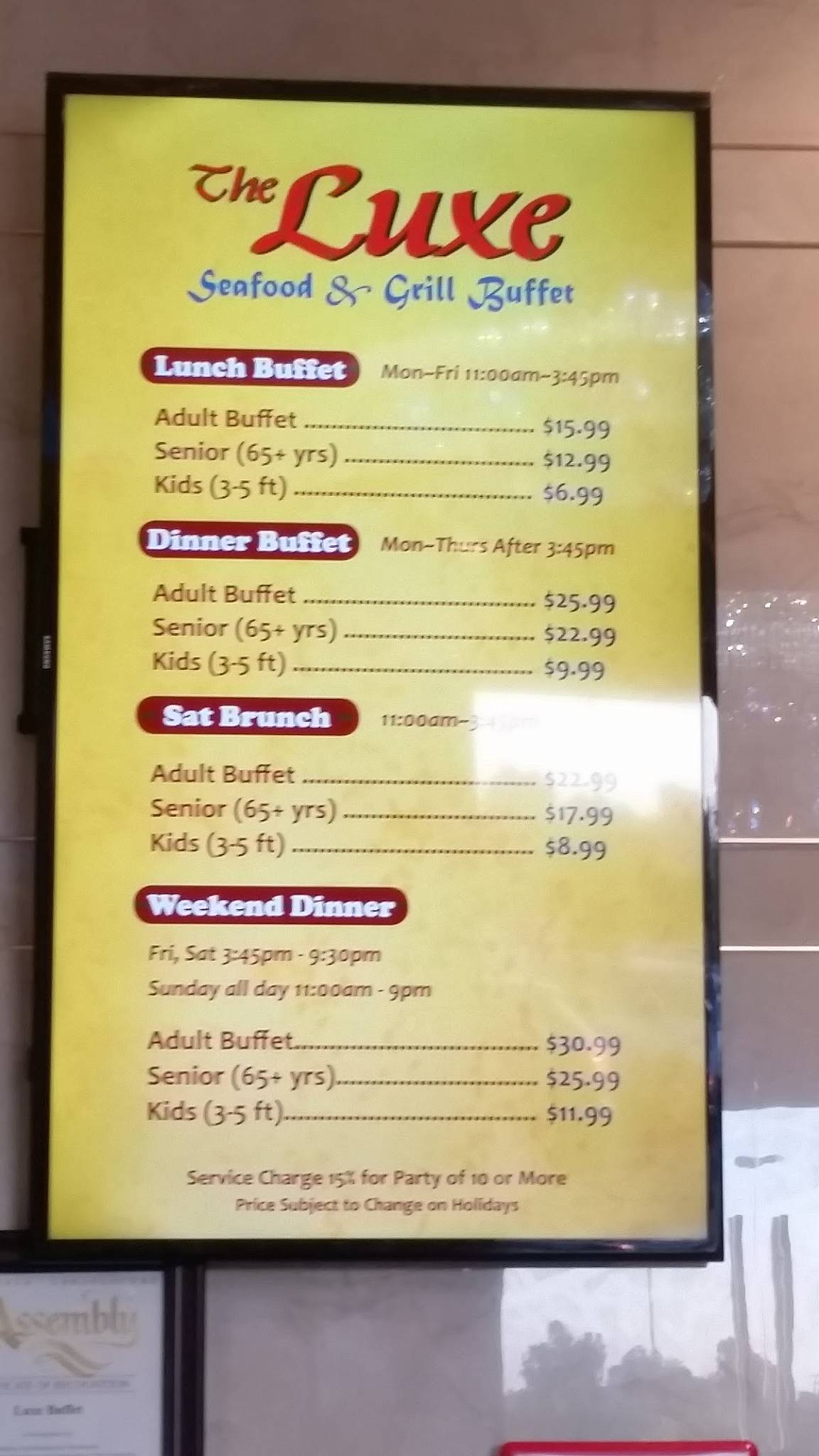 Menu at The Luxe Buffet restaurant, Westminster, Westminster Mall