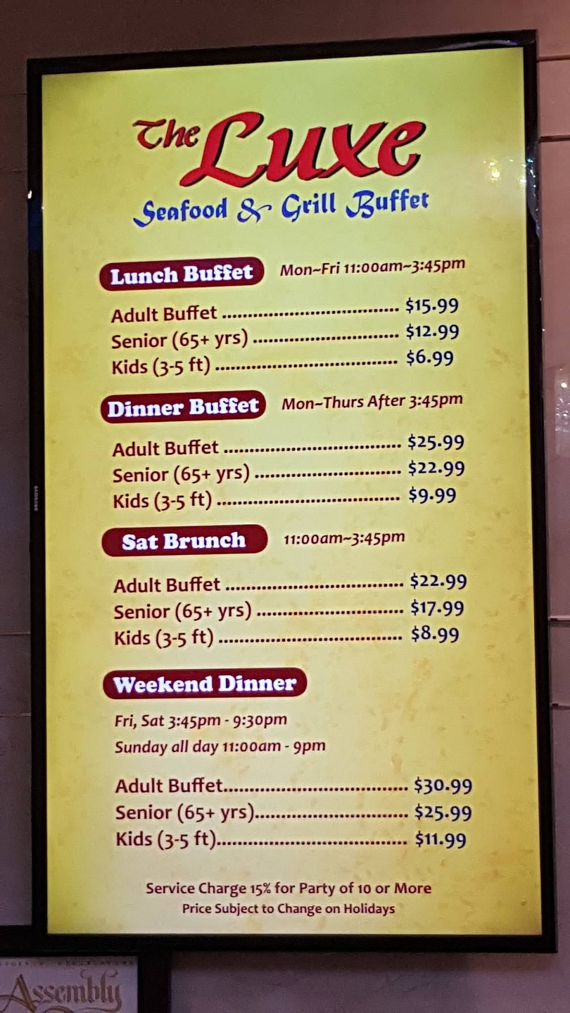 Menu at The Luxe Buffet restaurant, Westminster, Westminster Mall